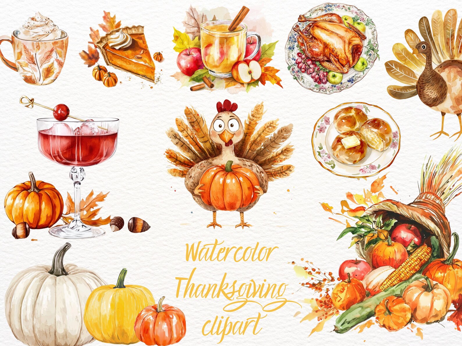 Thanksgiving Clipart, Watercolor Thanksgiving PNG, Autumn, Happy ...