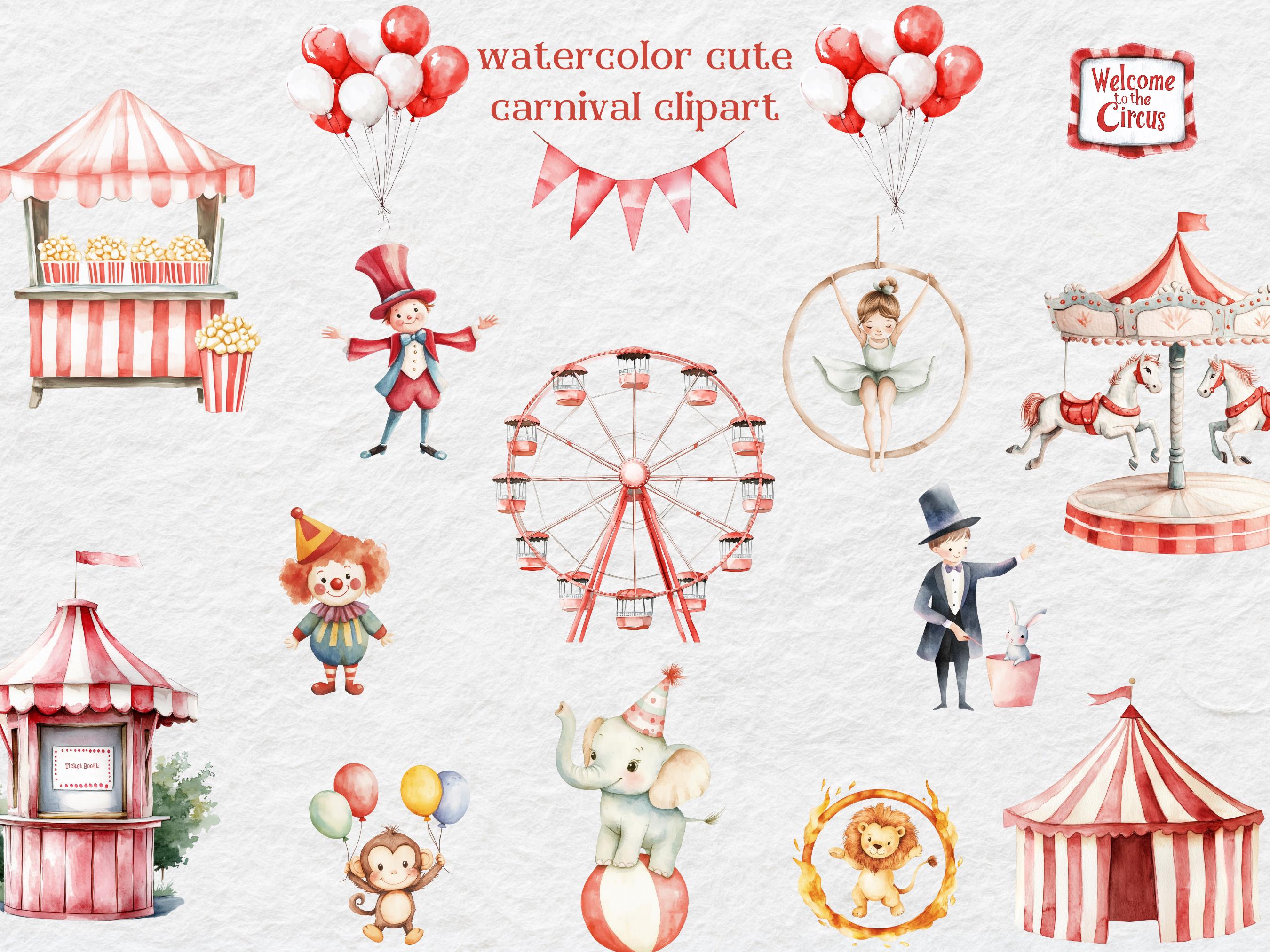 Cute Circus Watercolor Clipart, Watercolor Carnival Clipart, Amusement ...