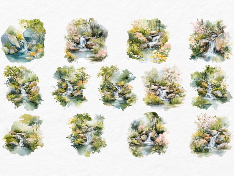 13 Watercolor Waterfall Clipart, Waterfall Printables, Wall Art ...