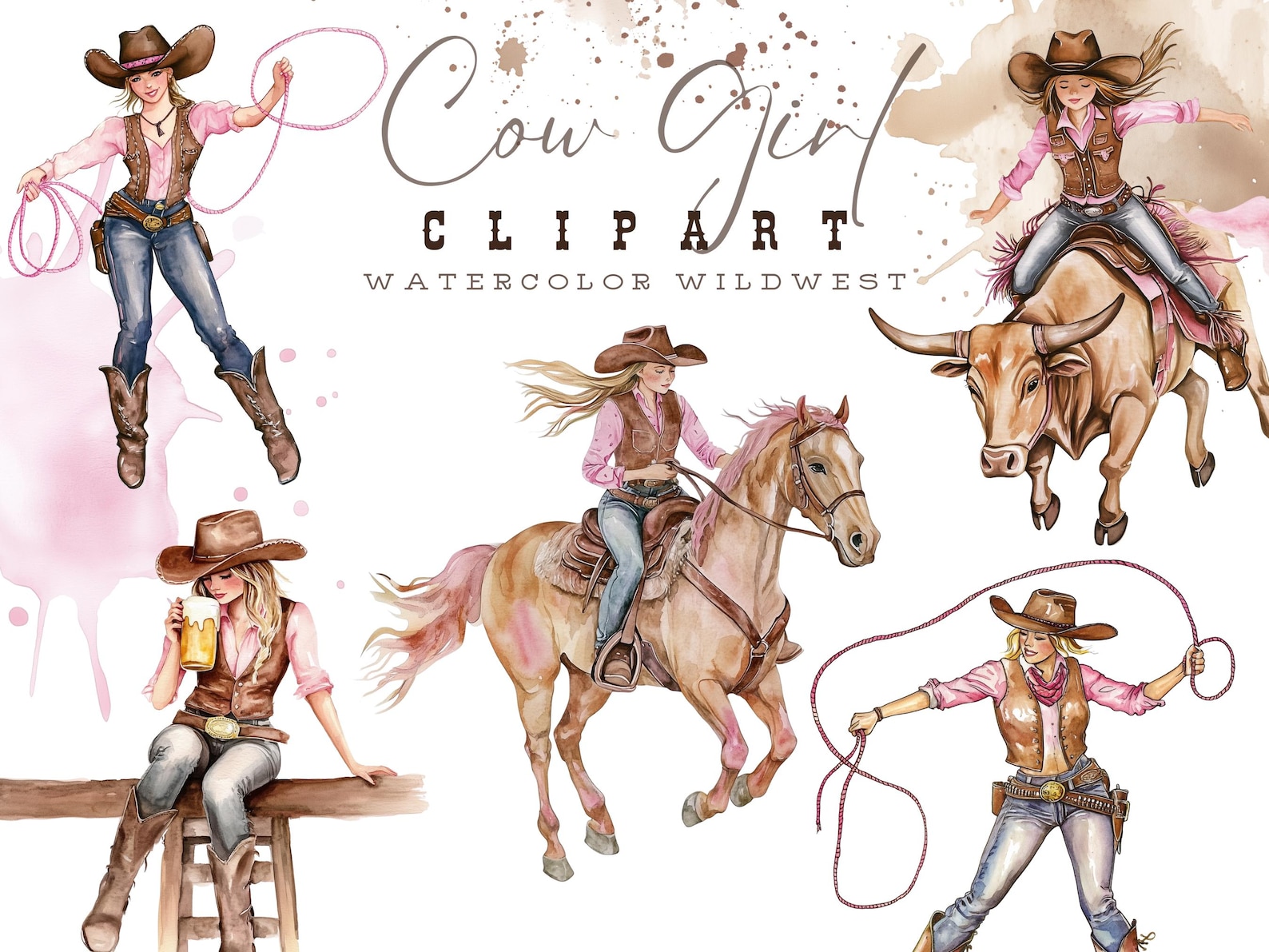 Cowgirl Clipart, Watercolor Cowgirl Clipart, Wild West PNG, Pink ...