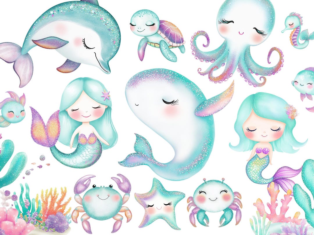 Watercolor Cute Glittery Sea Creatures Clipart Collection - Mermaid ...