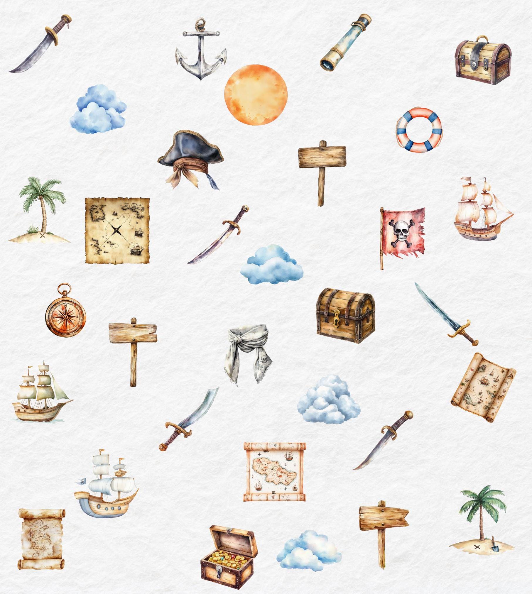 Watercolor Cute Pirate Clipart, Pirate Clipart Set, Pirate Ship ...