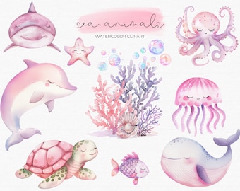 Pink Sea Animals Clipart, Little Sea Animal Clipart, Undersea ...