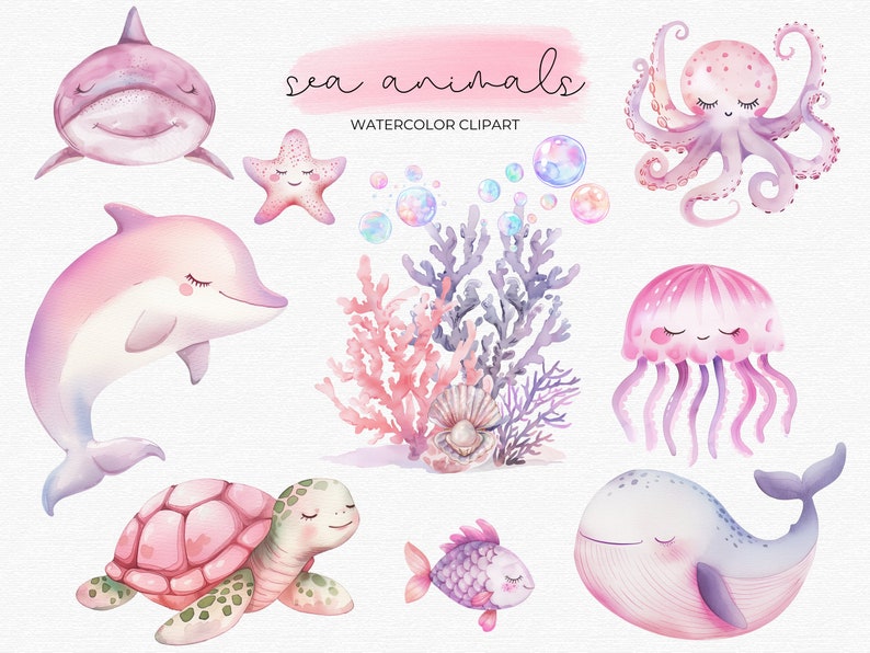 Pink Sea Animals Clipart, Little Sea Animal Clipart, Undersea ...