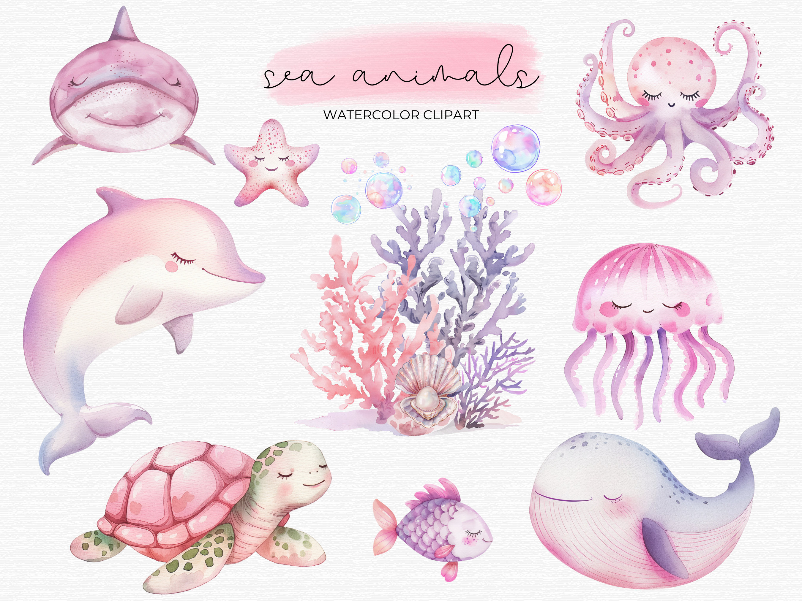 Pink Sea Animals Clipart, Little Sea Animal Clipart, Undersea ...