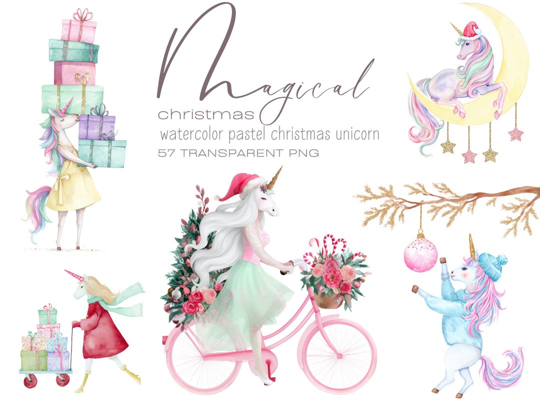 Watercolor Unicorn Christmas Clipart: Whimsical PNG Images (digital ...