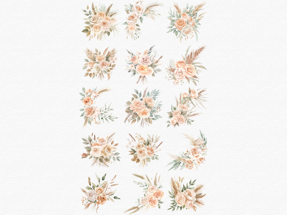 Boho Watercolor Floral Clipart, Elegant Boho Flower, Wedding Boquet ...