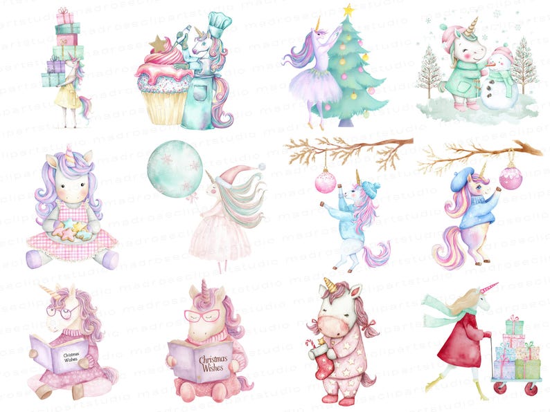 Watercolor Unicorn Christmas Clipart: Whimsical PNG Images (digital ...