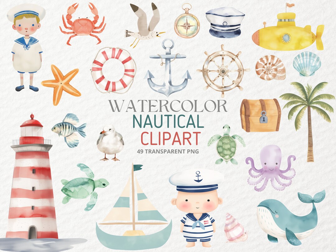 49 Watercolor Nautical Clipart, Sailor Clipart, Clam Shell Whale ...