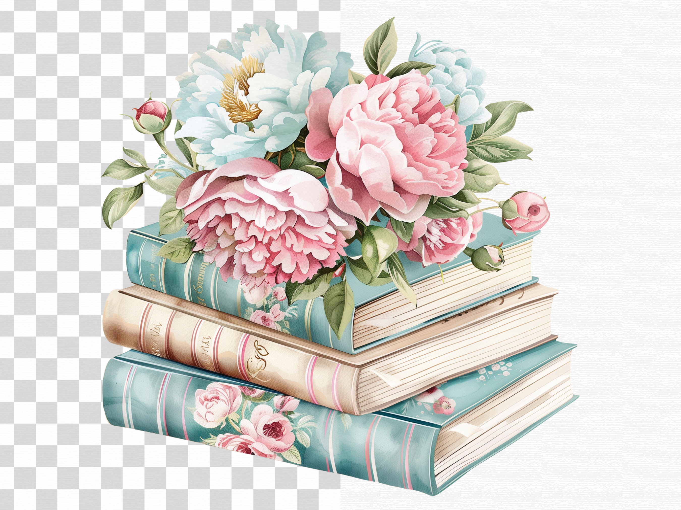12 Book Stack Watercolor Clipart - Floral Stack of Books Clipart ...