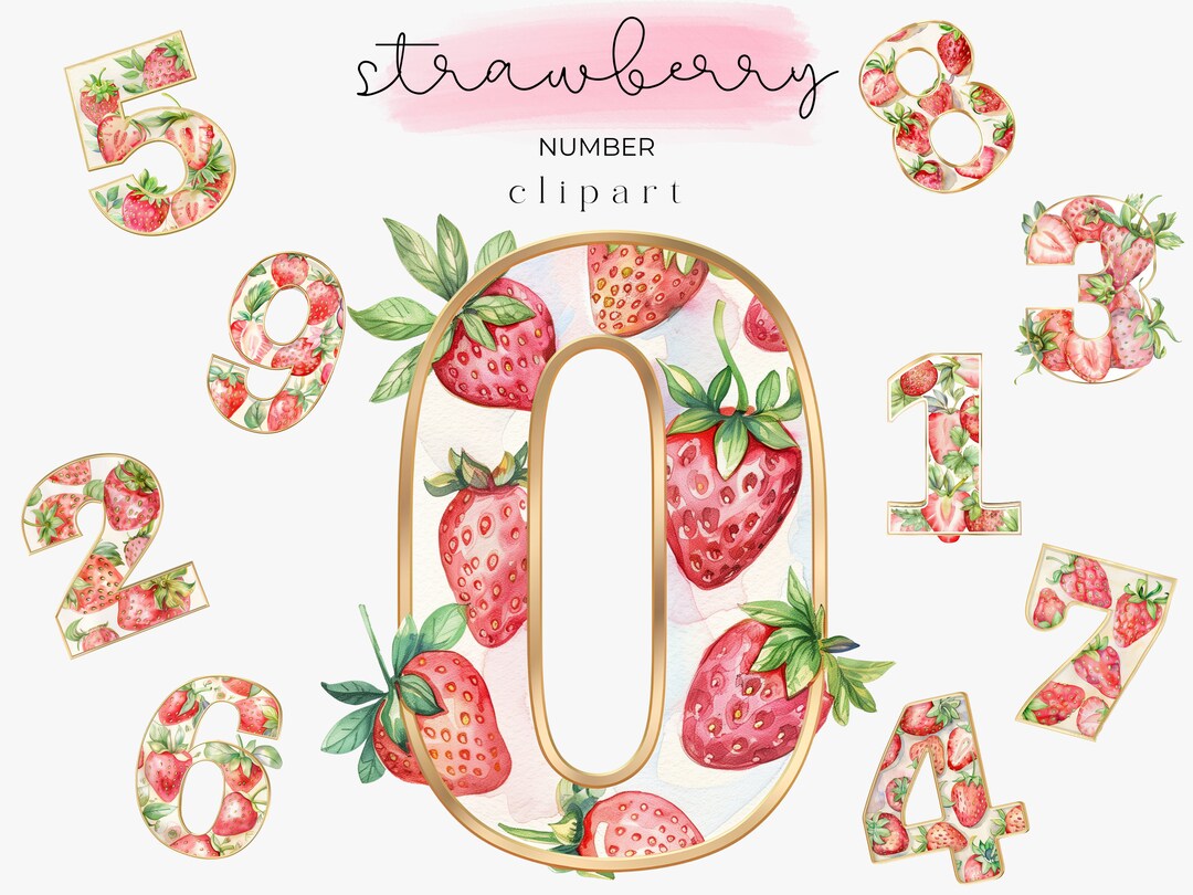 Watercolor Strawberry Number Clipart - Gold Border - Strawberry PNG - 0 ...