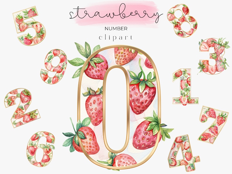 Watercolor Strawberry Number Clipart - Gold Border - Strawberry PNG - 0 ...