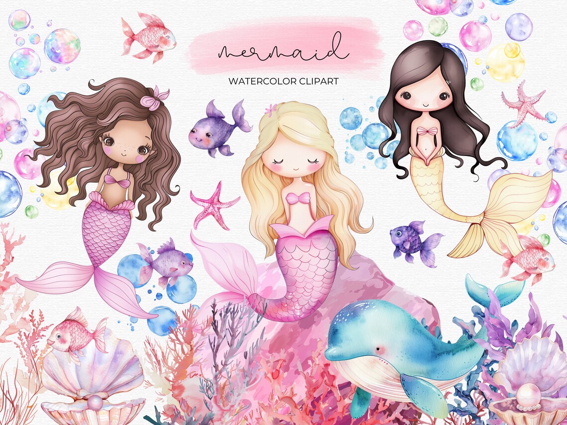 Watercolor Mermaid Clipart Mermaid PNG Mermaid Collection Mermaid Party ...