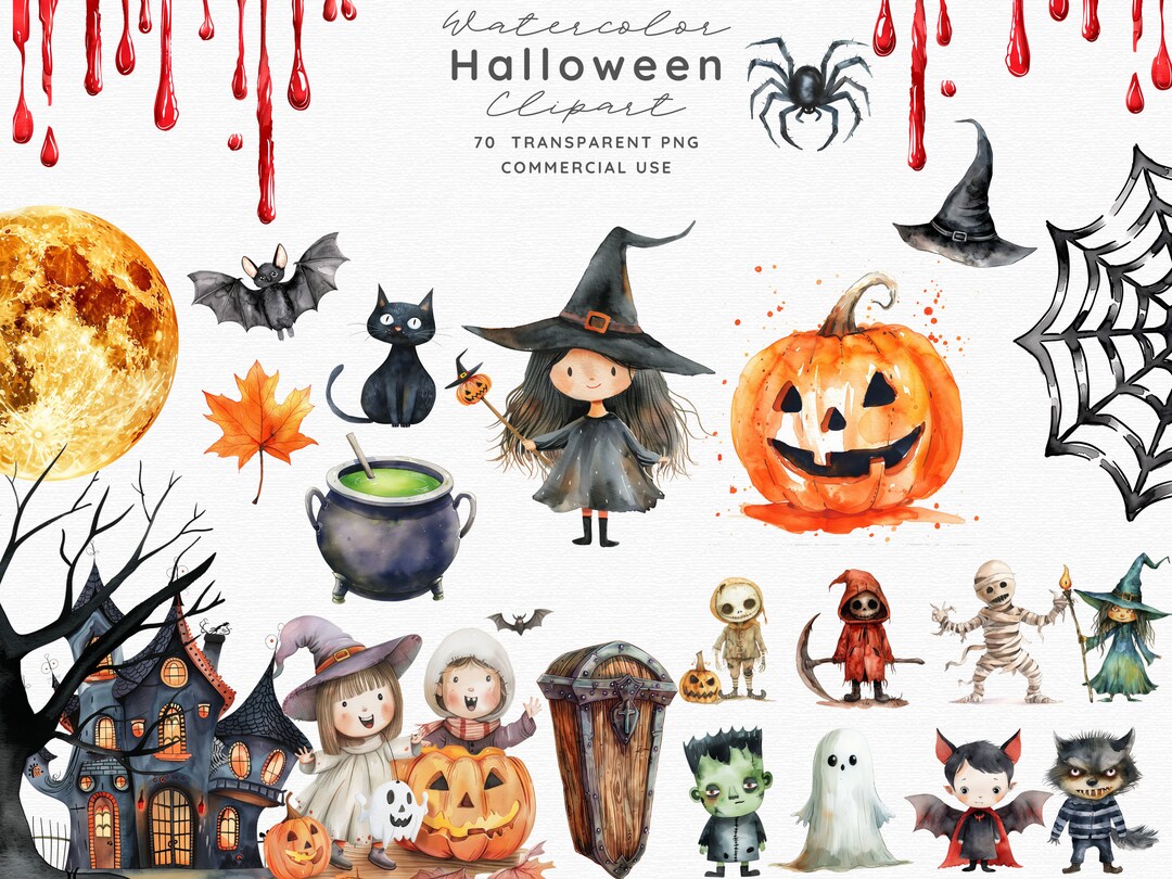 Watercolor Halloween Clipart - Halloween Party PNG - Witch - Jack O ...