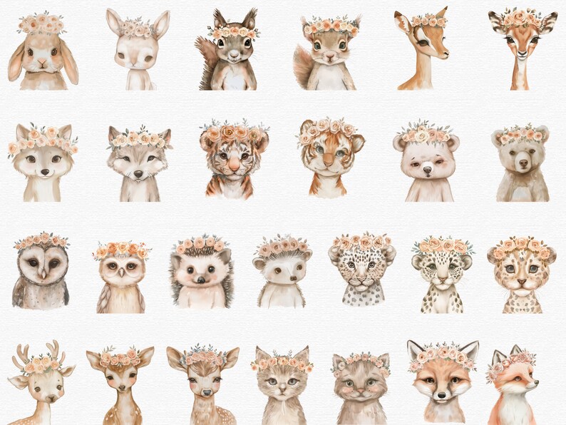 Boho Woodland Watercolor Clipart, Jungle Animals PNG, Woodland Nursery ...