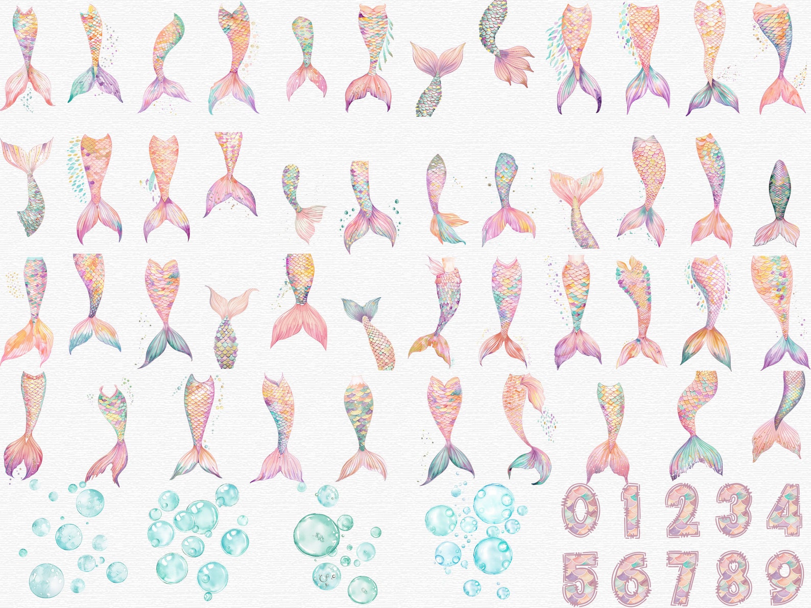 Watercolor Mermaid Tails With Glitter - Mermaid Tail Clipart - 60 PNG ...