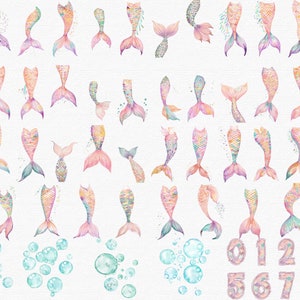 Watercolor Mermaid Tails With Glitter - Mermaid Tail Clipart - 60 PNG ...