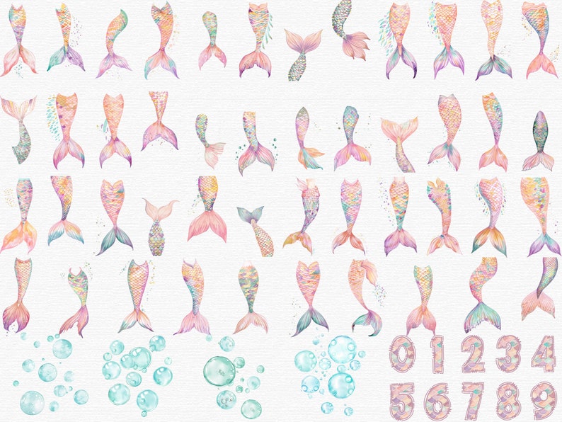 Watercolor Mermaid Tails With Glitter - Mermaid Tail Clipart - 60 PNG ...