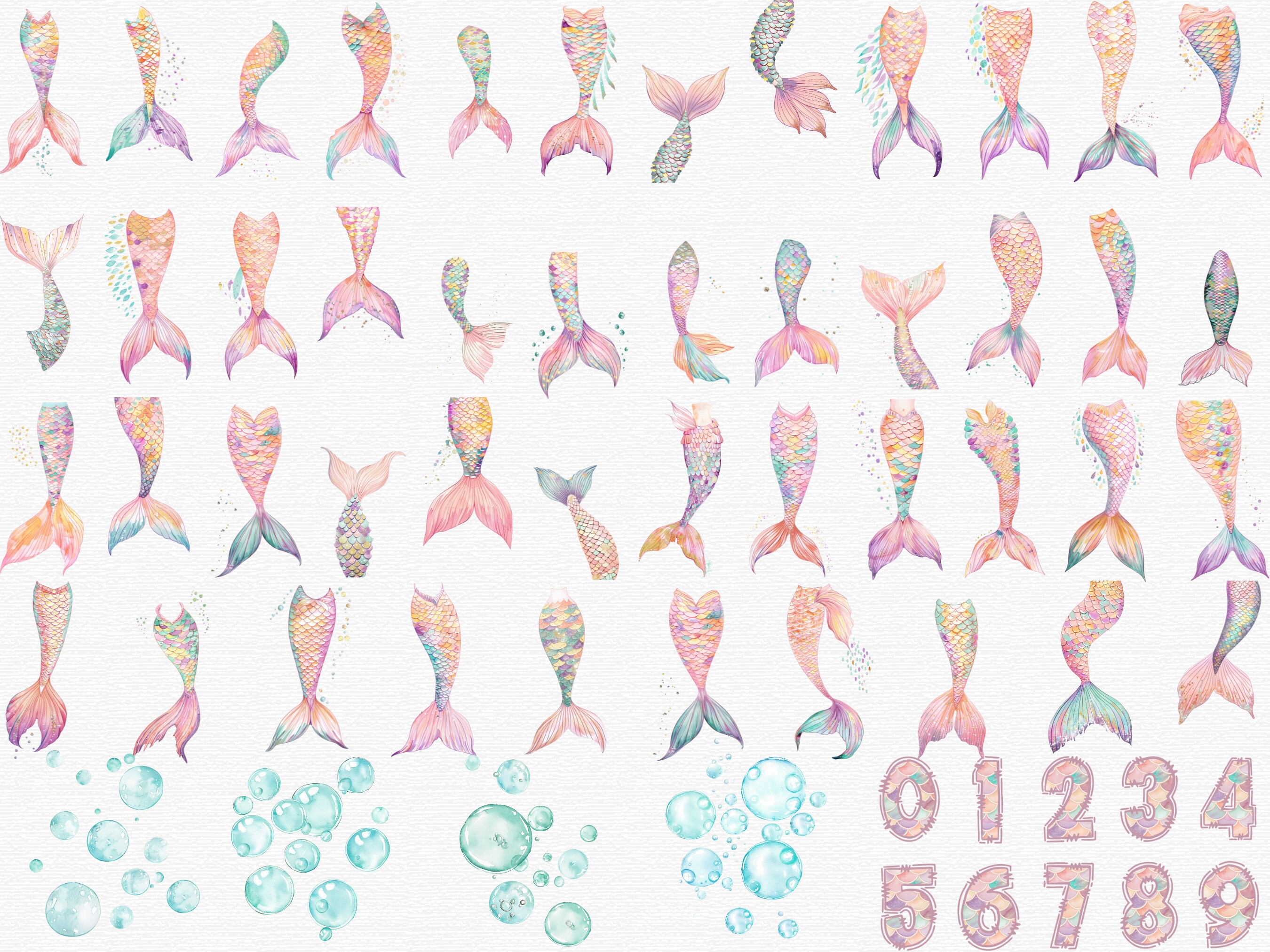 Watercolor Mermaid Tails With Glitter - Mermaid Tail Clipart - 60 PNG ...