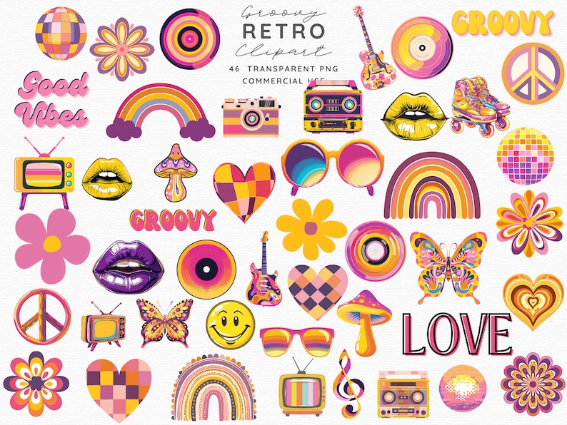 Retro Clipart - Groovy PNG - Boho Hippie Clipart - Retro Flower - Retro ...