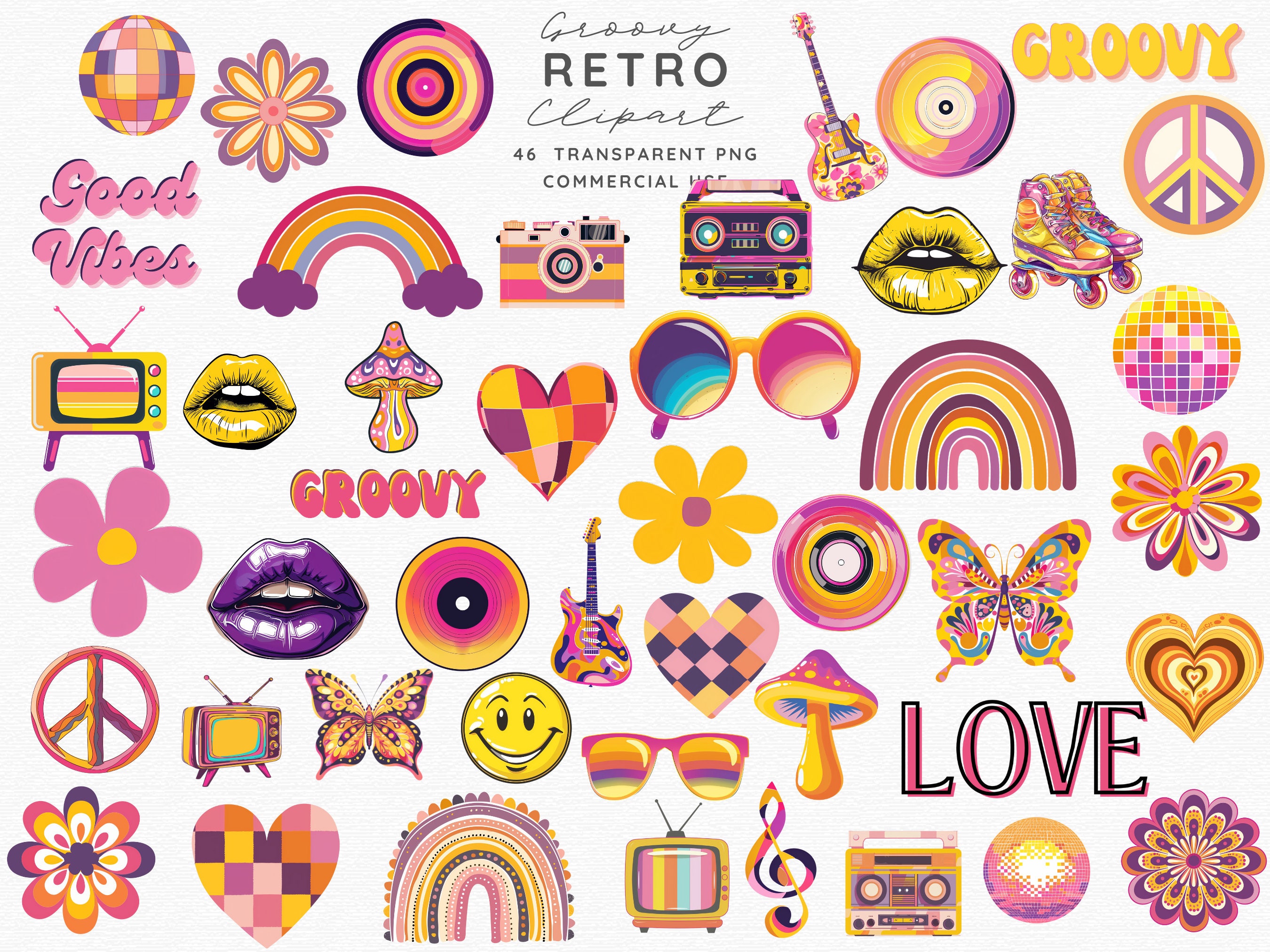 Retro Clipart - Groovy PNG - Boho Hippie Clipart - Retro Flower - Retro ...