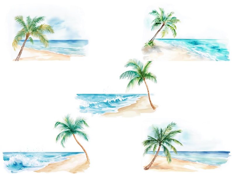 Watercolor Beach Clipart: Tropical Island Scene PNG (commercial Use ...