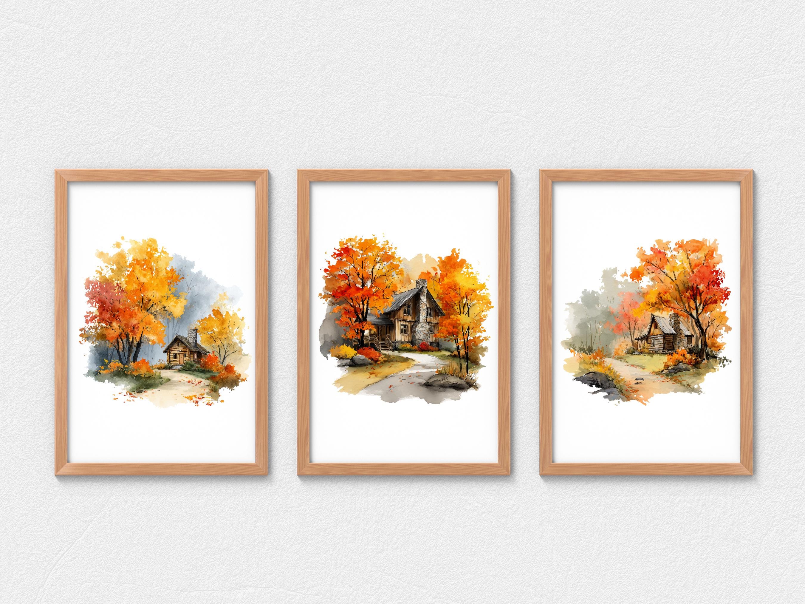 Watercolor Autumn Cabin Clipart, Fall Rustic Cottage Forest Scene, Fall ...