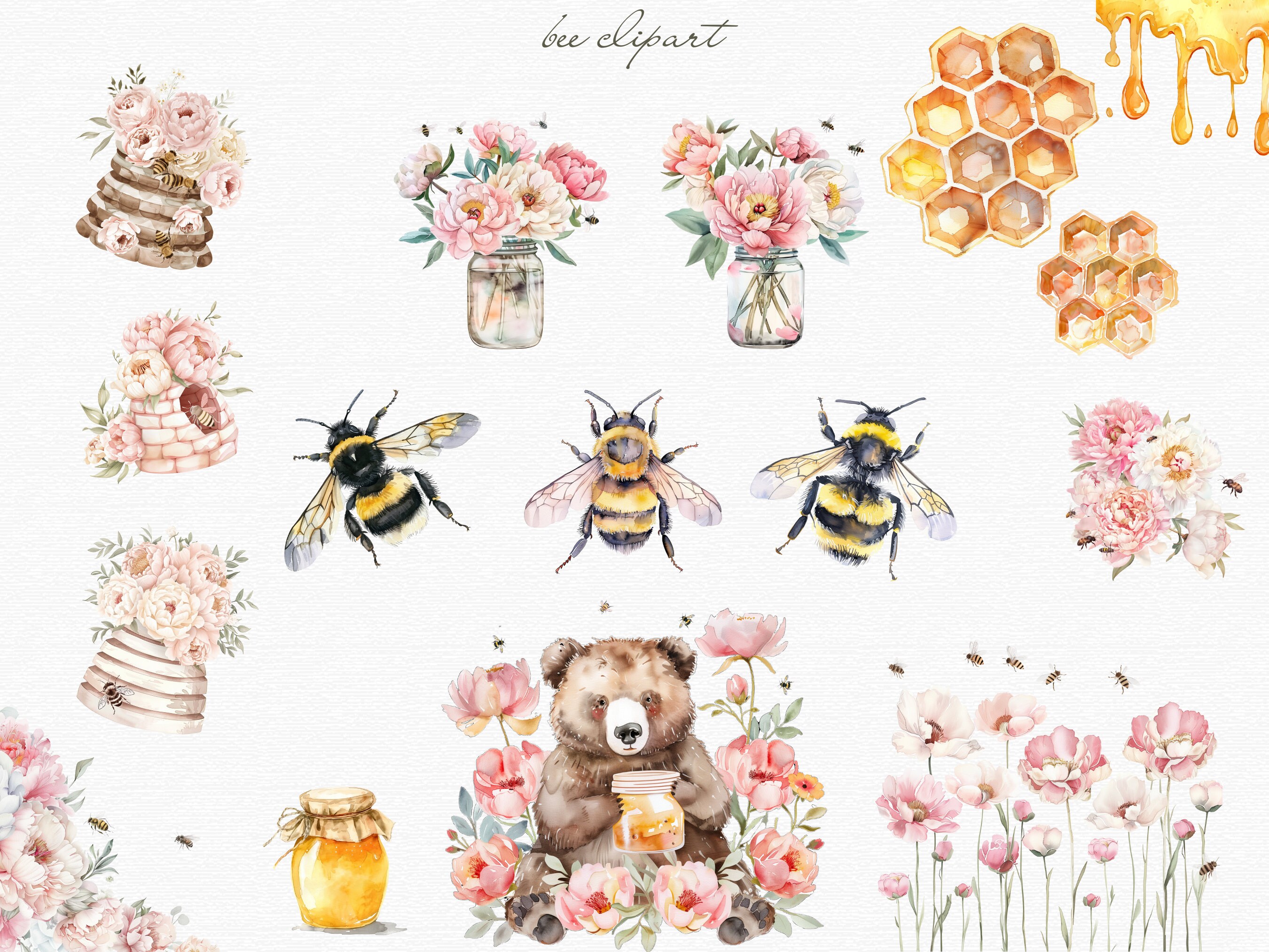 Honey Bees Watercolor Clipart - Bumble Bees Clipart - Honey Bees ...