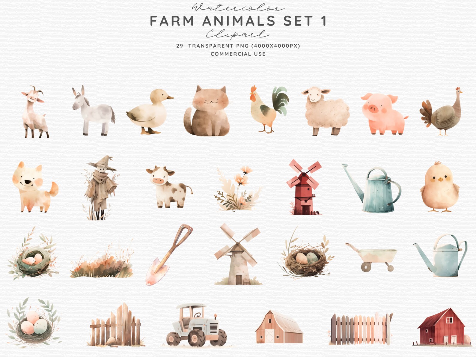 Watercolor Farm Animal Clipart Bundle, Nursery Decor, Baby Shower Decor ...