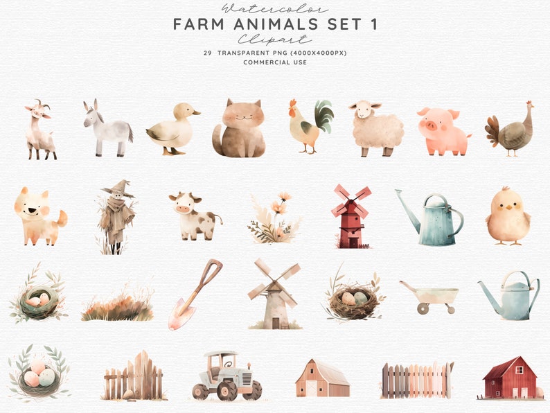 Watercolor Farm Animal Clipart Bundle, Nursery Decor, Baby Shower Decor ...