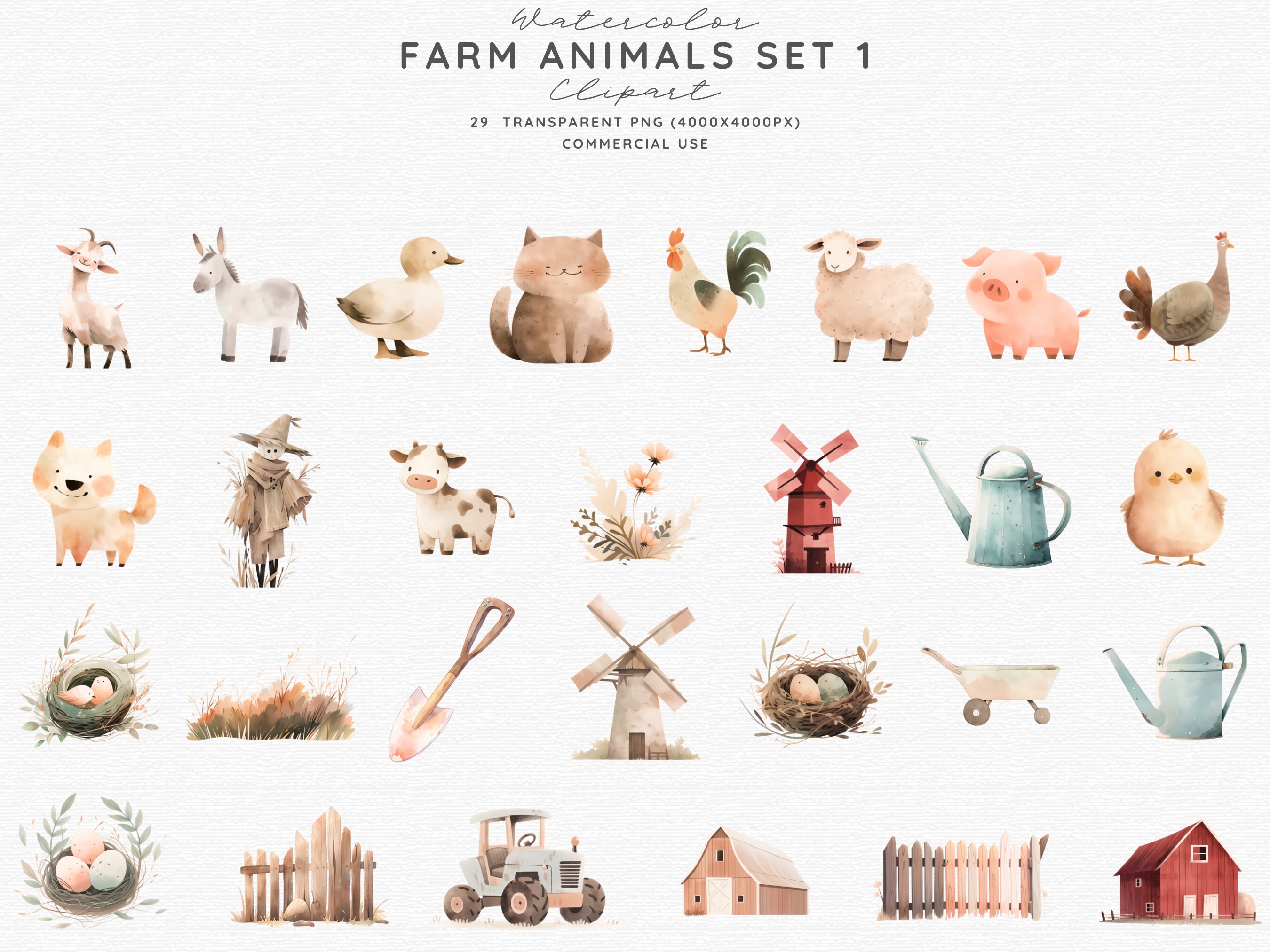 Watercolor Farm Animal Clipart Bundle, Nursery Decor, Baby Shower Decor ...