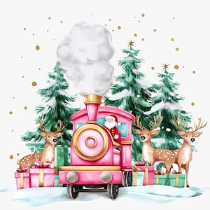 Pink Watercolor Christmas Train Clipart, Paper Craft, Junk Journal ...