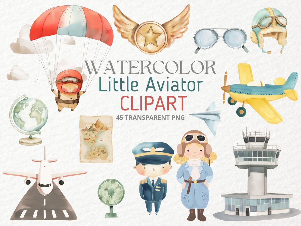 45 Watercolor Little Aviator Clipart, Airplane Clipart, Pilot Clipart ...