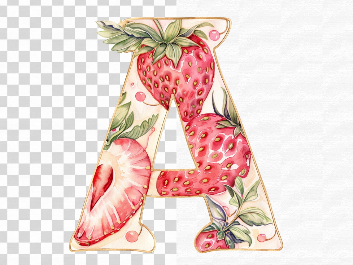 Watercolor Strawberry Alphabet Clipart Gold Border Strawberry Letter A ...