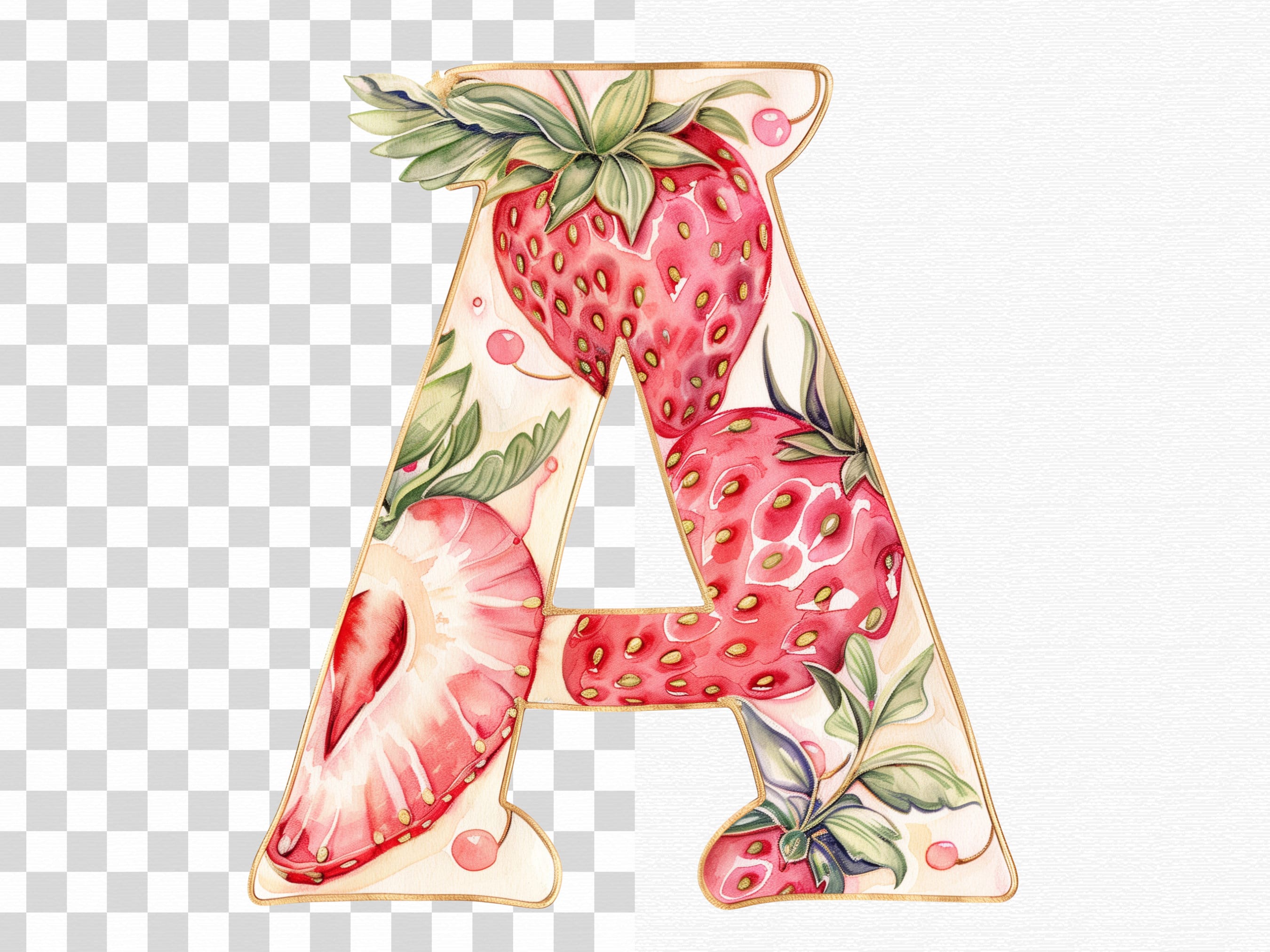Watercolor Strawberry Alphabet Clipart - Gold Border - Strawberry ...