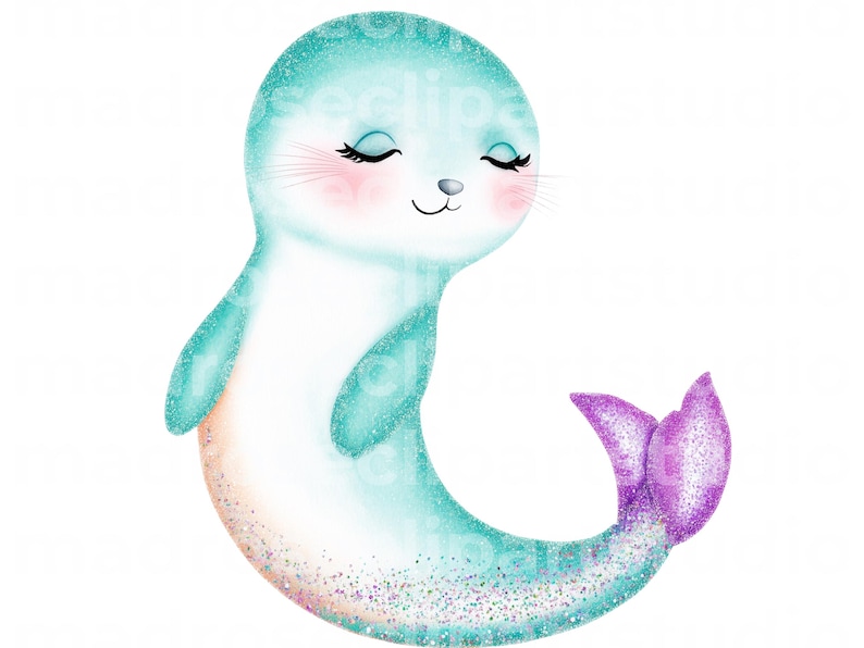 Watercolor Cute Glittery Sea Creatures Clipart Collection - Mermaid ...