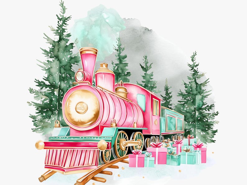 Pink Watercolor Christmas Train Clipart, Paper Craft, Junk Journal ...