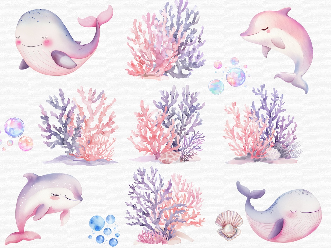 Pink Sea Animals Clipart, Little Sea Animal Clipart, Undersea ...
