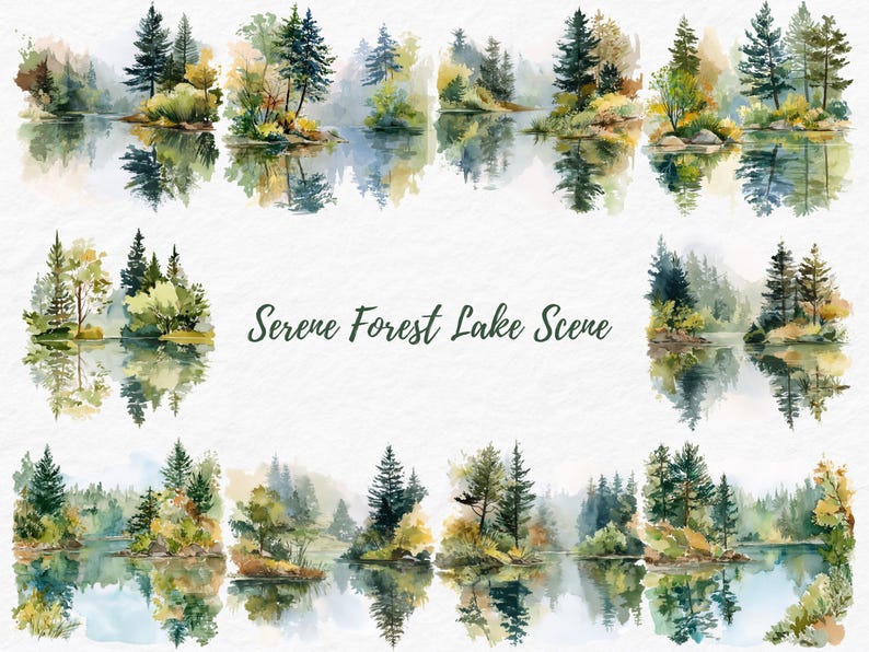 10 Watercolor Lake Clipart PNG, Serene Forest Lake Scene, Nature ...