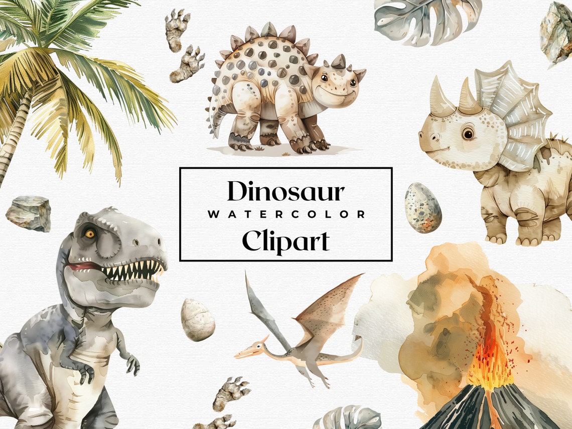 Dinosaur Watercolor Clipart Set - Prehistoric Clipart - Watercolor ...