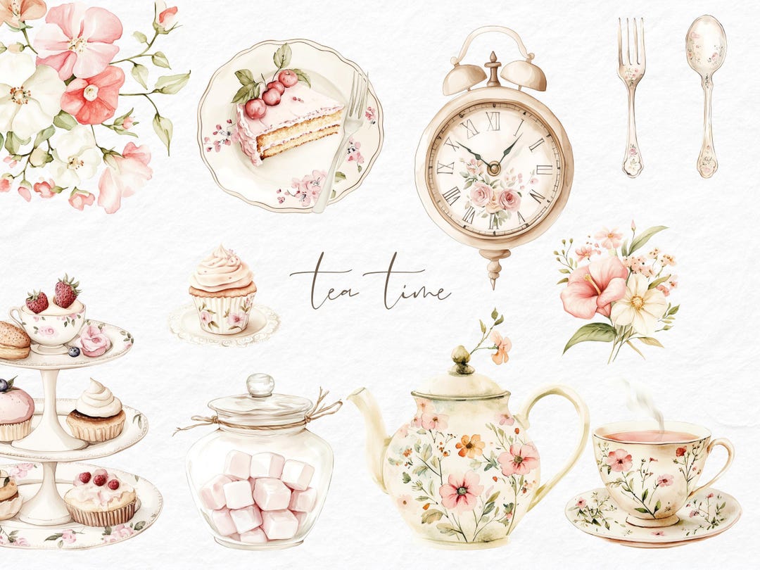 Watercolor Tea Time Clipart - Floral Tea Party - Watercolor Desserts ...