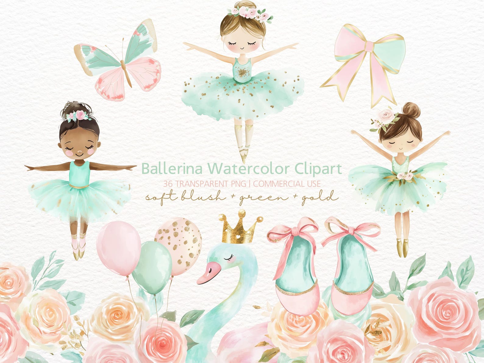 Pink, Green & Gold Ballerina Clipart, Swan Lake Clipart, Watercolor ...