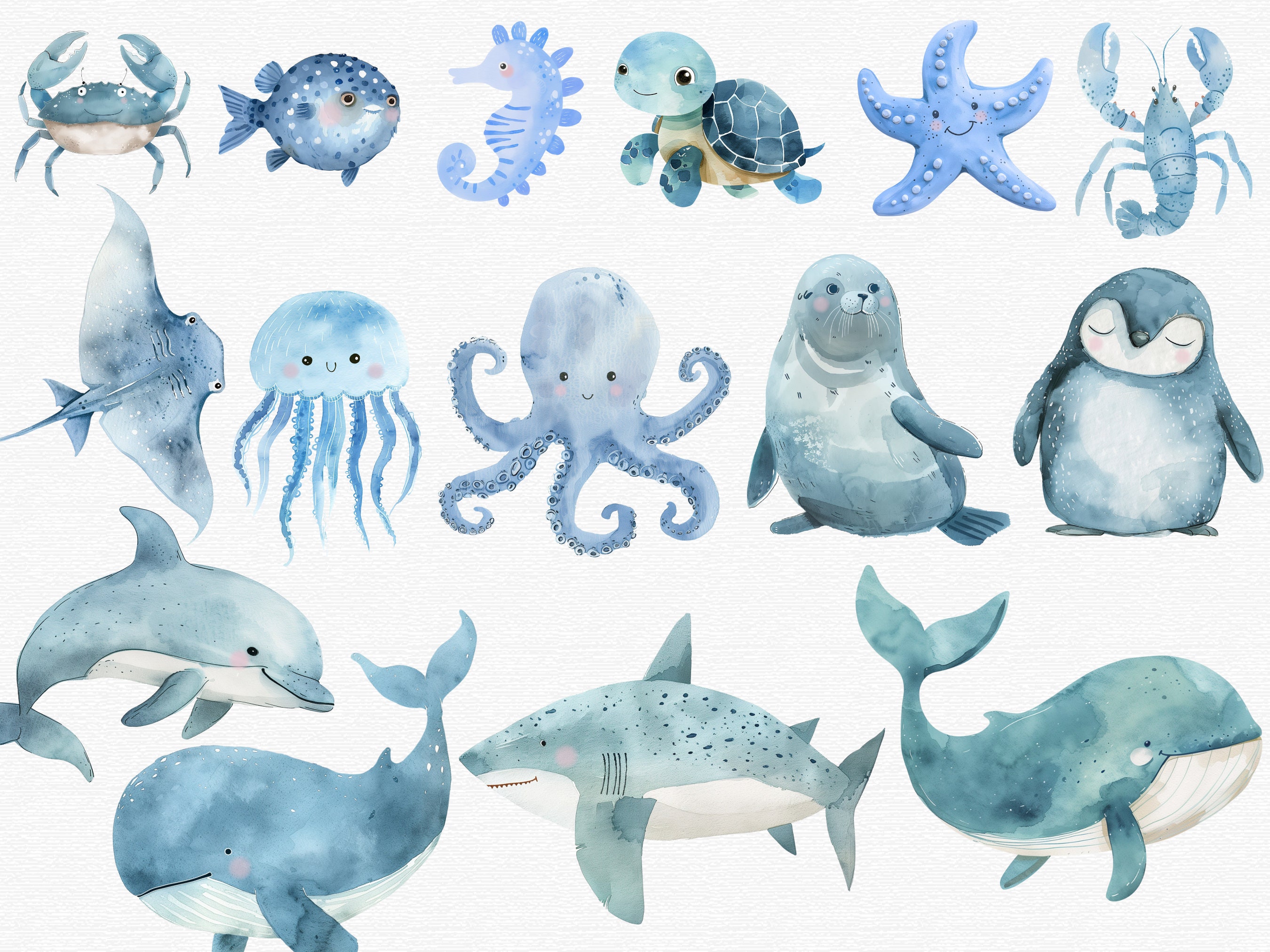Sea Animals Clipart, Little Sea Animals Clipart, Undersea Watercolor ...