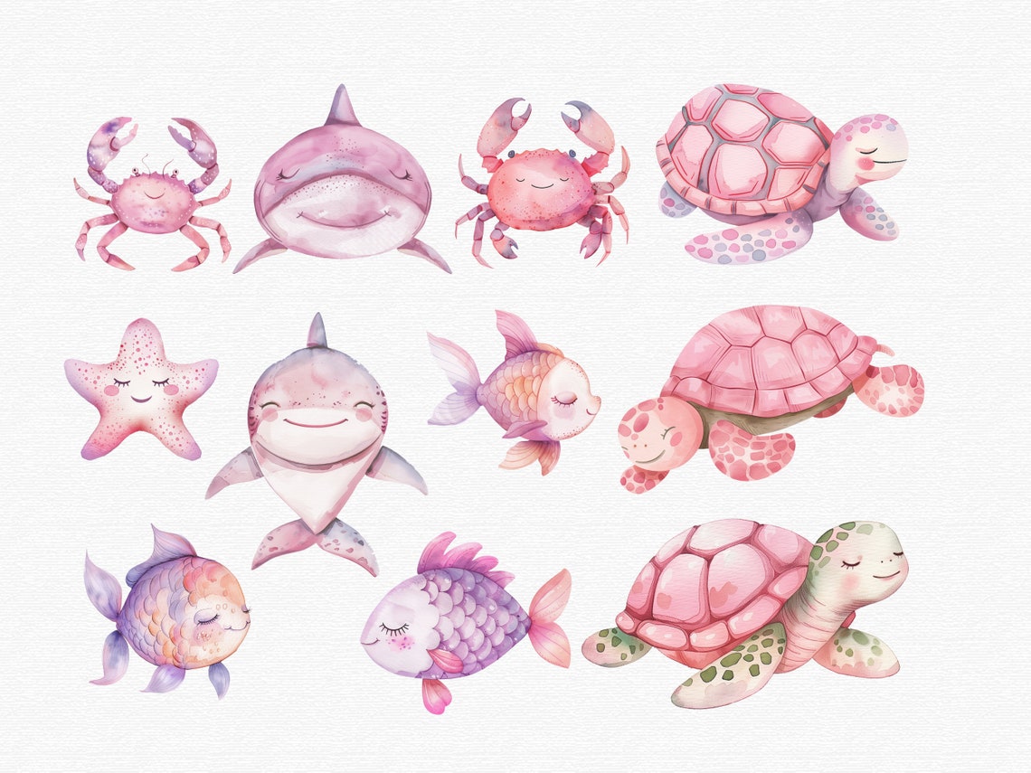 Pink Sea Animals Clipart, Little Sea Animal Clipart, Undersea ...
