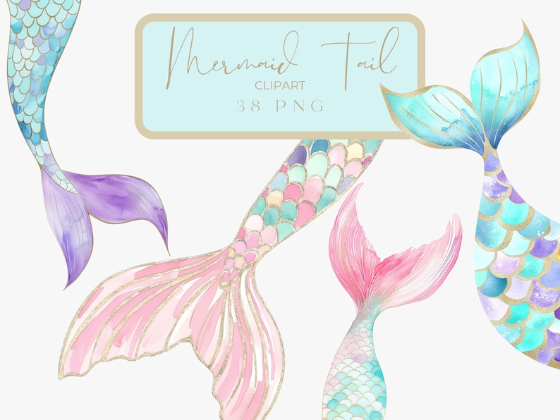 Watercolor Mermaid Tails With Glitter - Mermaid Tail Clipart - 38 PNG ...