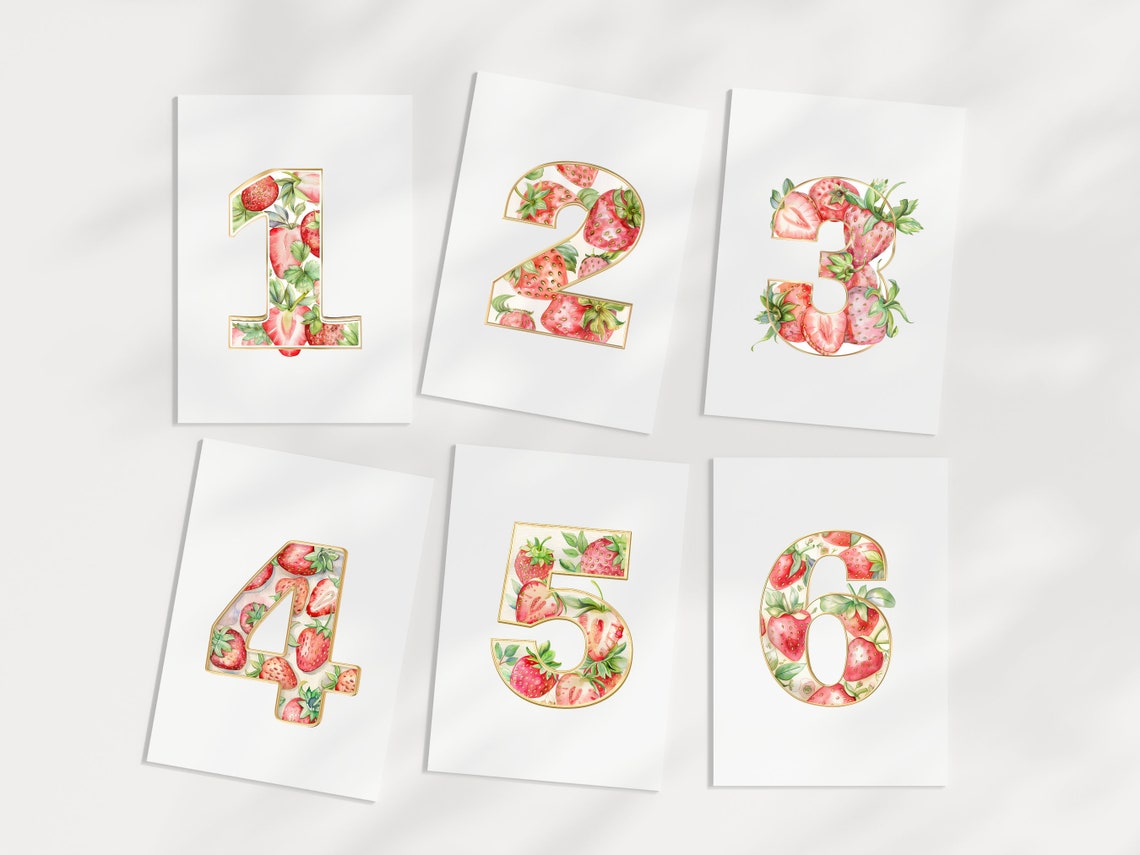 Watercolor Strawberry Number Clipart - Gold Border - Strawberry PNG - 0 ...