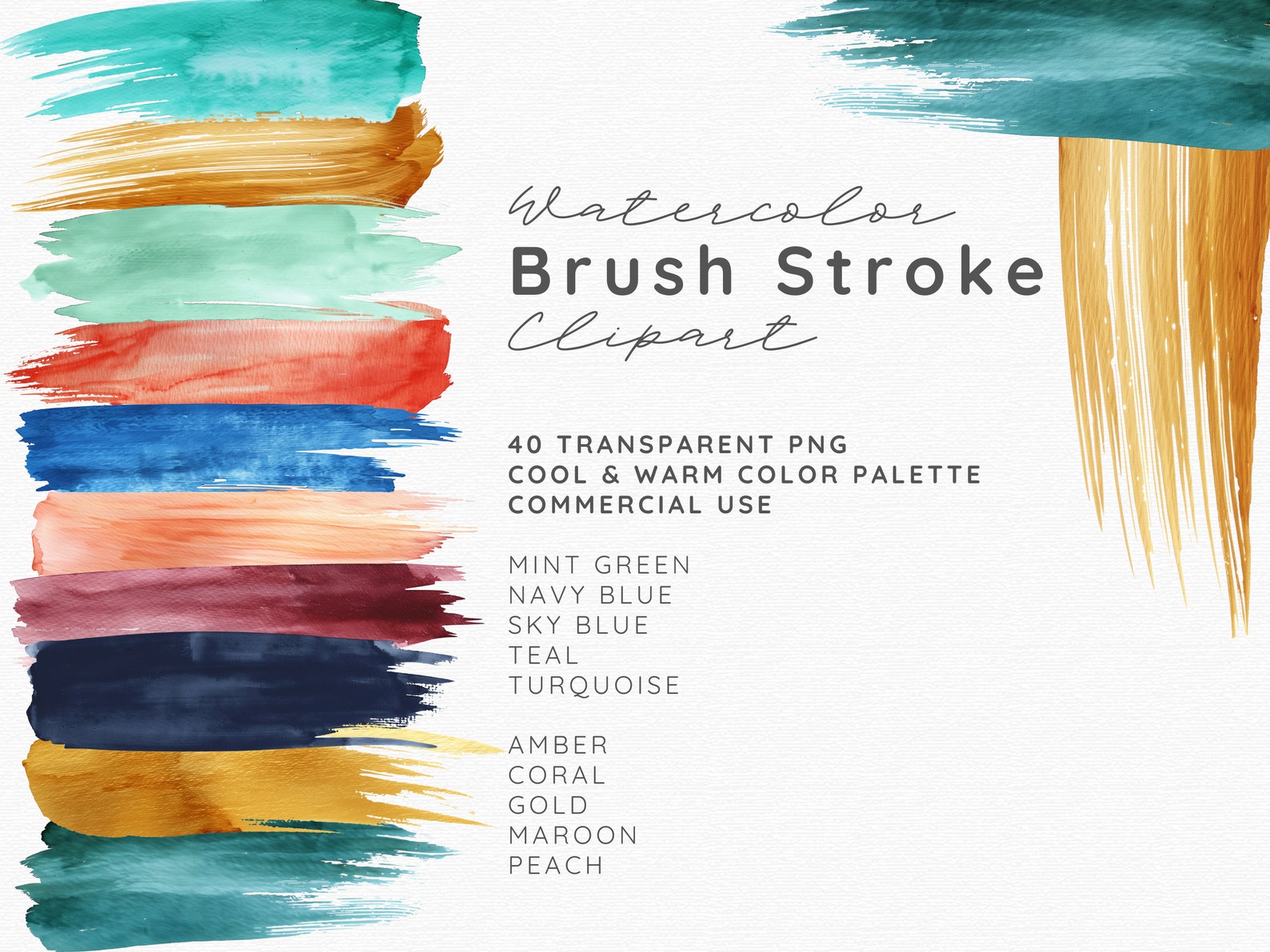 Watercolor Brush Stroke Clipart, Cool and Warm Color, Watercolor Brush ...