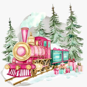 Pink Watercolor Christmas Train Clipart, Paper Craft, Junk Journal ...