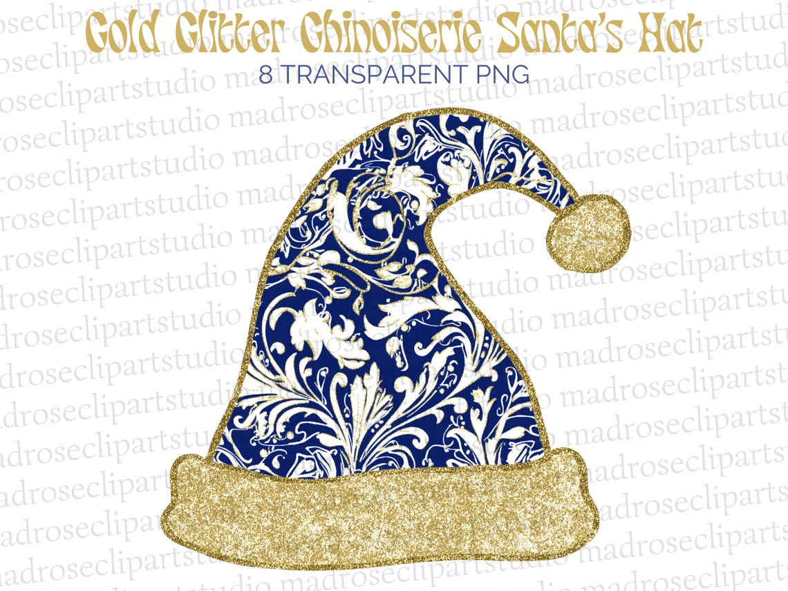 Gold Glitter Chinoiserie Christmas Santa Hat PNG - Blue Christmas PNG ...