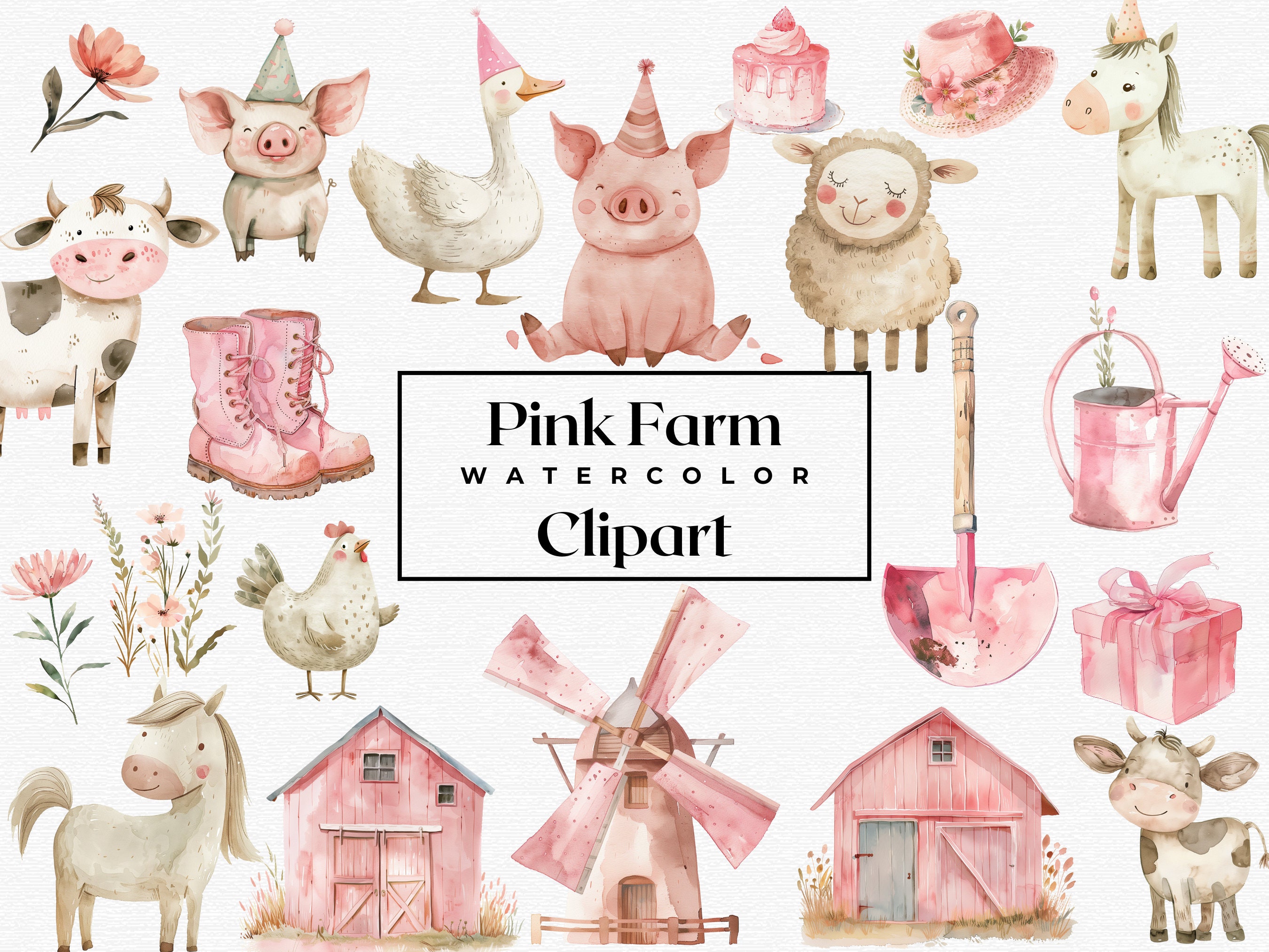 Watercolor Farm Animal Clipart Bundle, Nursery Decor, Baby Shower Decor ...